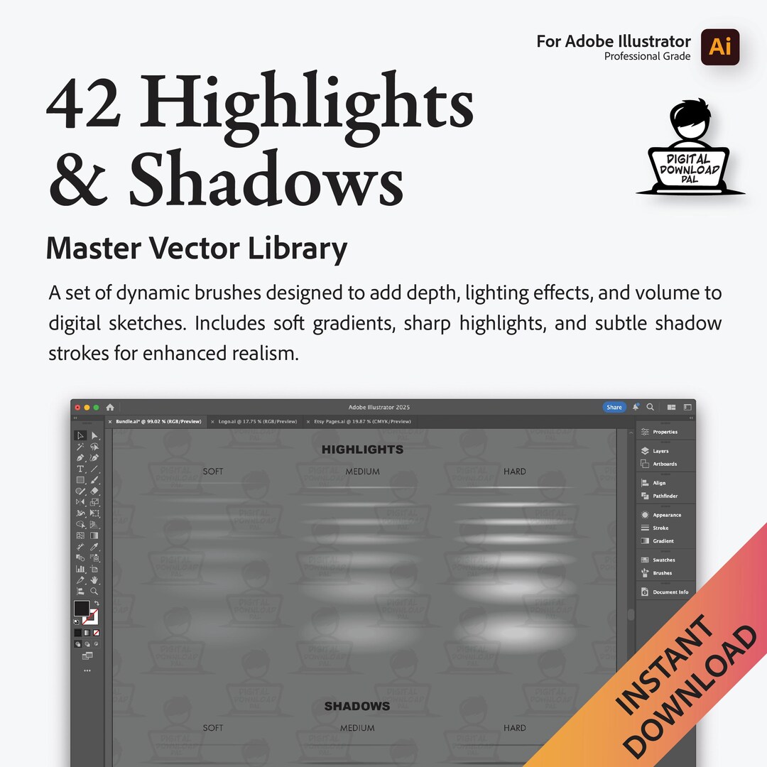 Adobe Illustrator Vector Brushes 42 Highlights and Shadows for ...