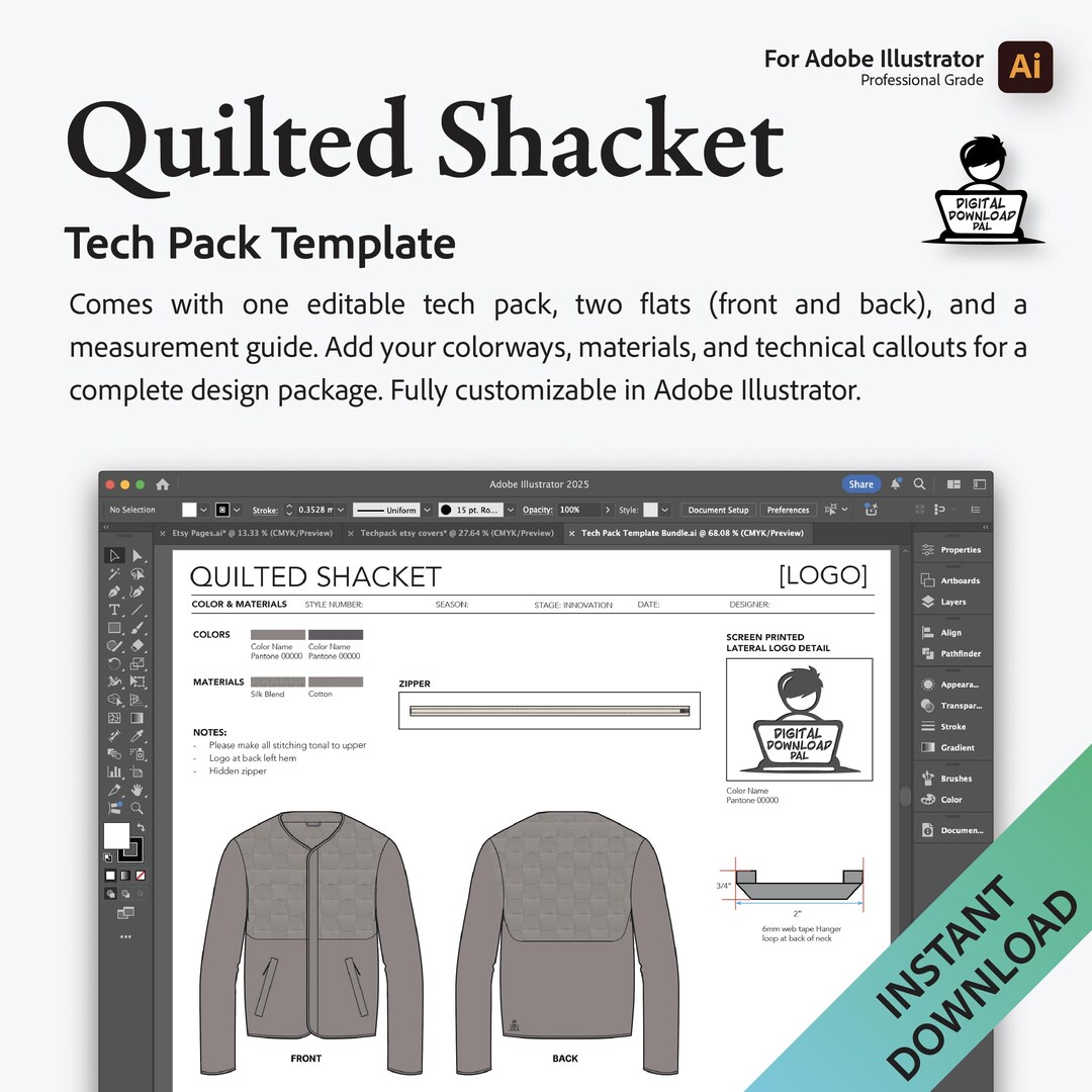 Adobe Illustrator Tech Pack Quilted Shirt Jacket Clothing Template ...