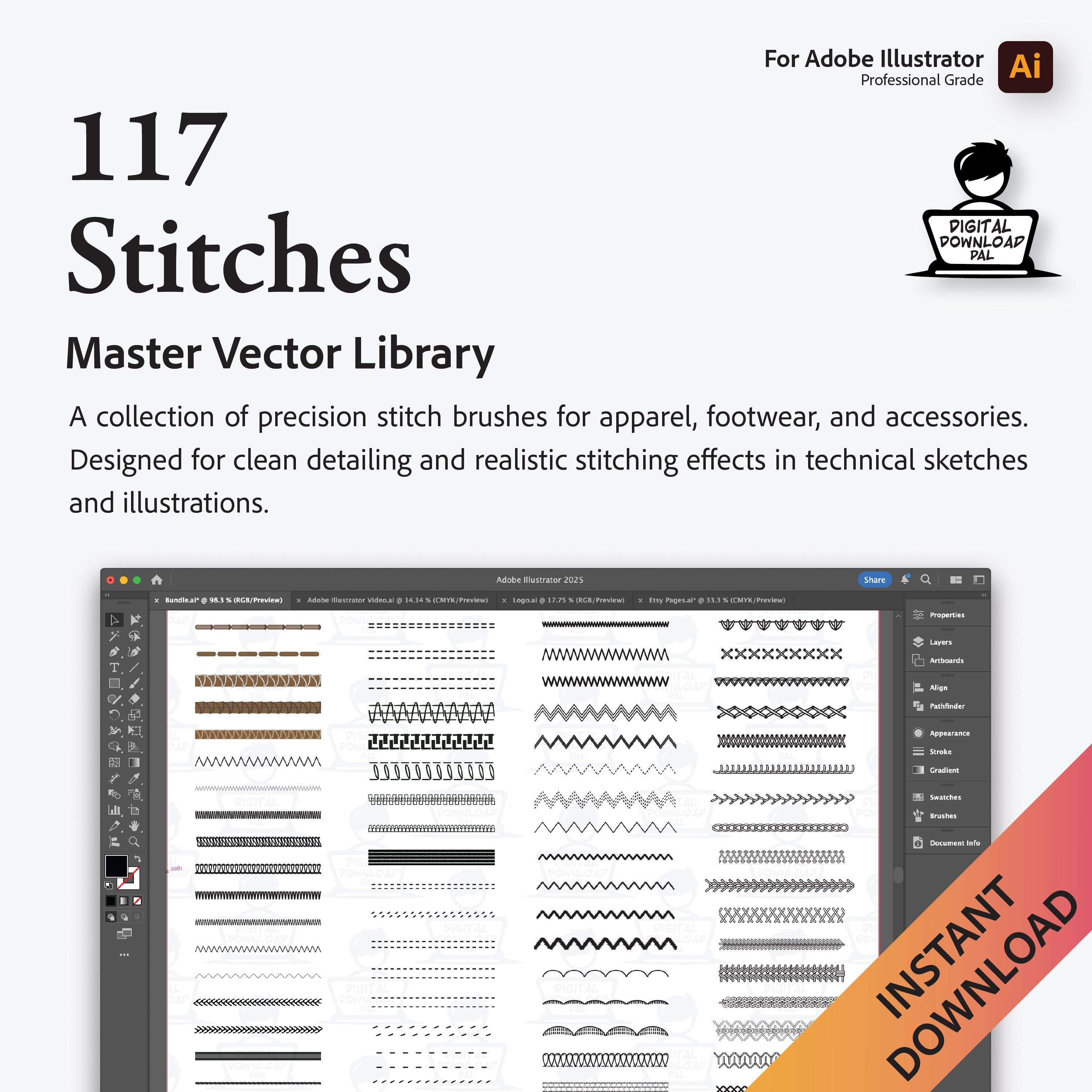 Adobe Illustrator Vector Brushes 117 Stitches for Technical Design ...
