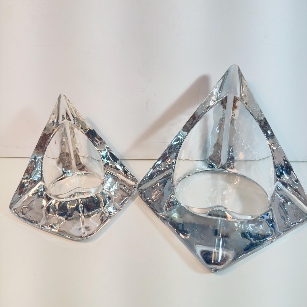 Nybro Sweden Crystal Pyramid Candle Holders, Mid-century Art Glass ...