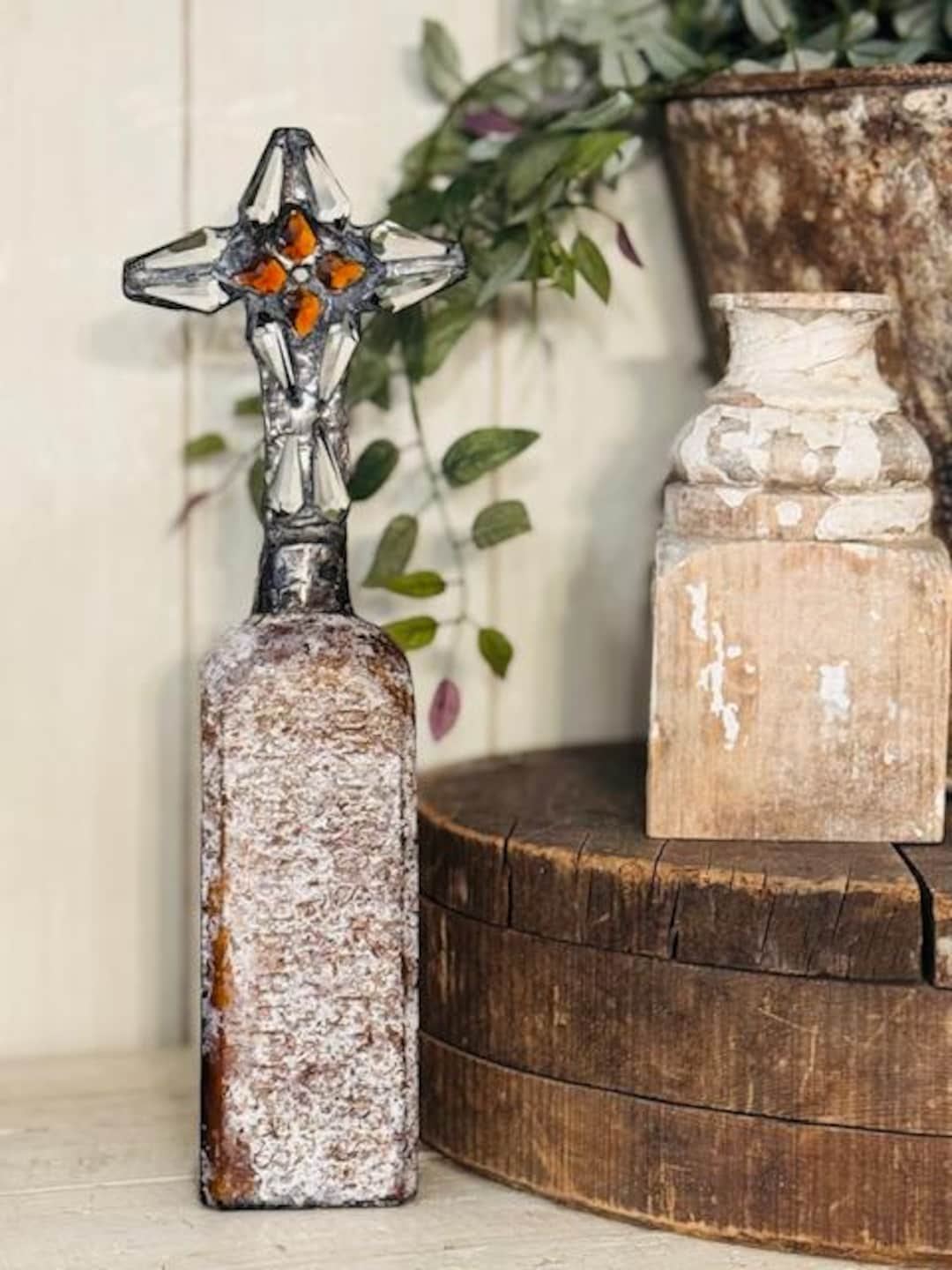 Handmade Antique Whiskey Cross Bottle Vintage Amber and Clear Crystals ...