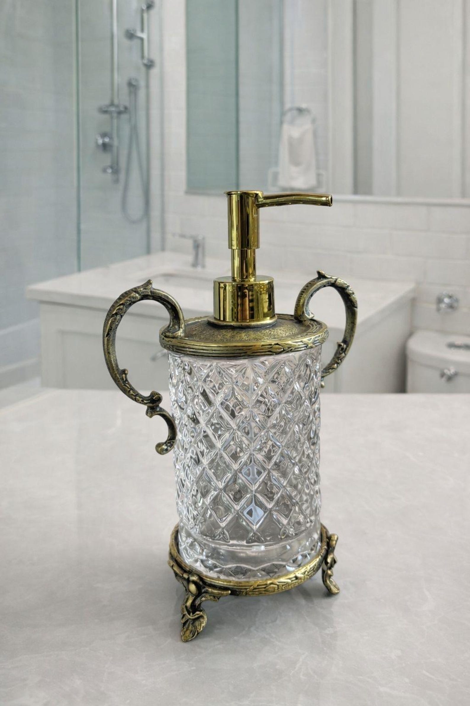 Luxury Vintage Glass Soap Dispenser – Gold & Silver Metal Stand ...