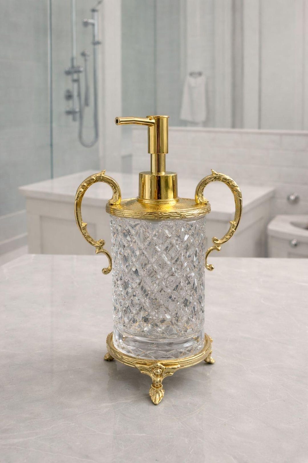 Luxury Vintage Glass Soap Dispenser – Gold & Silver Metal Stand ...