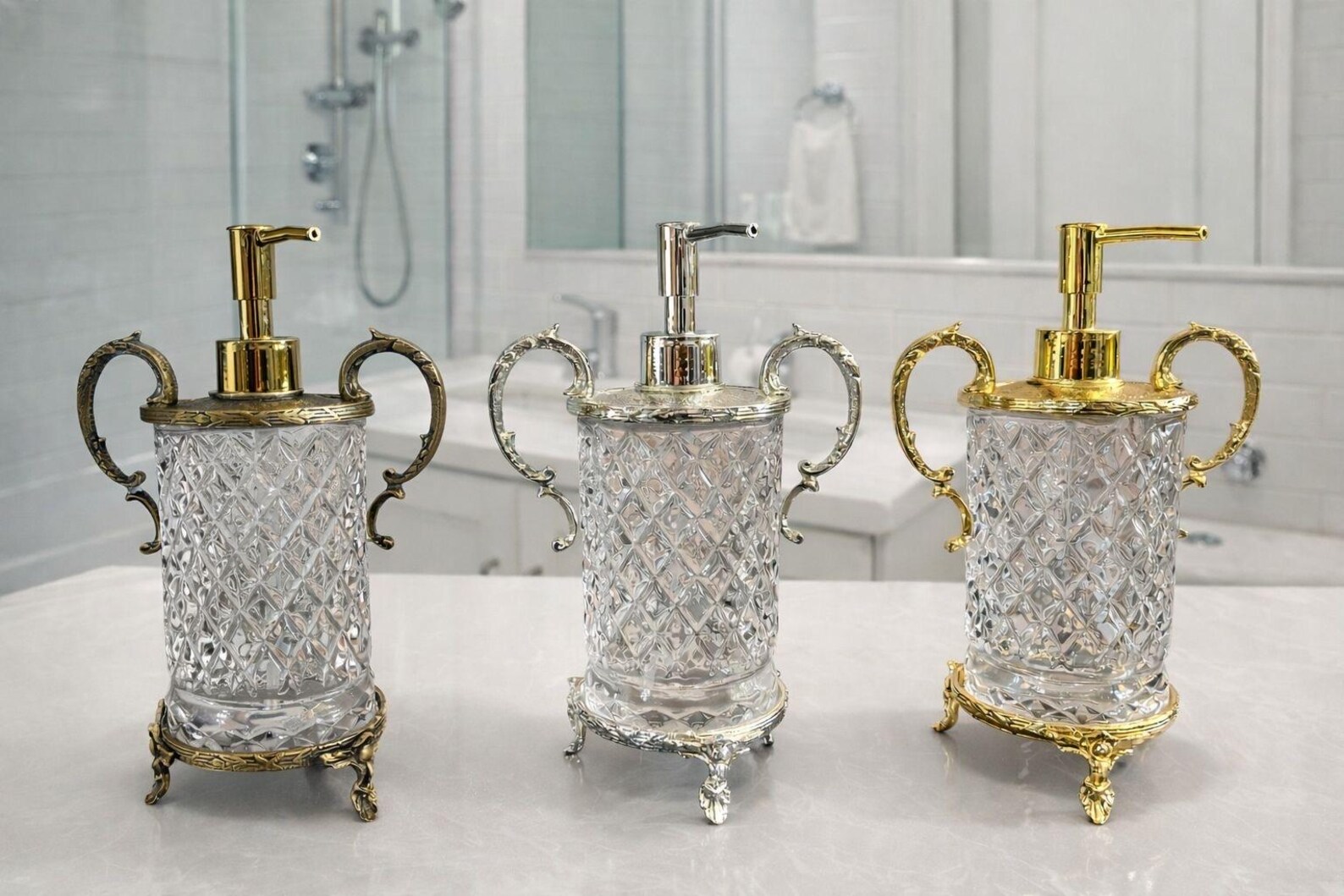 Luxury Vintage Glass Soap Dispenser – Gold & Silver Metal Stand ...