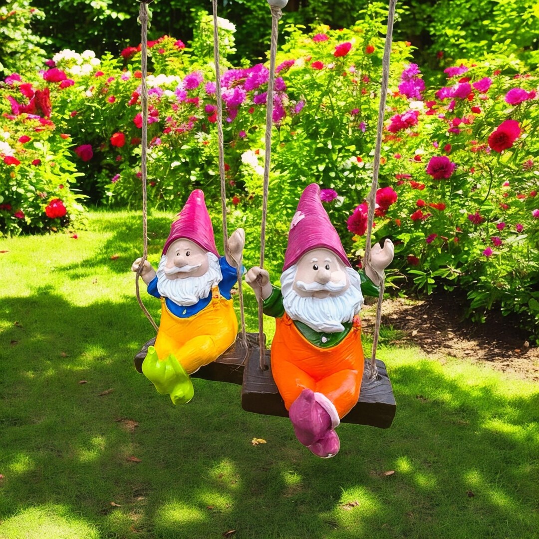 Handmade Garden Gnome Swing Figurines | Whimsical Outdoor Yard Decor ...