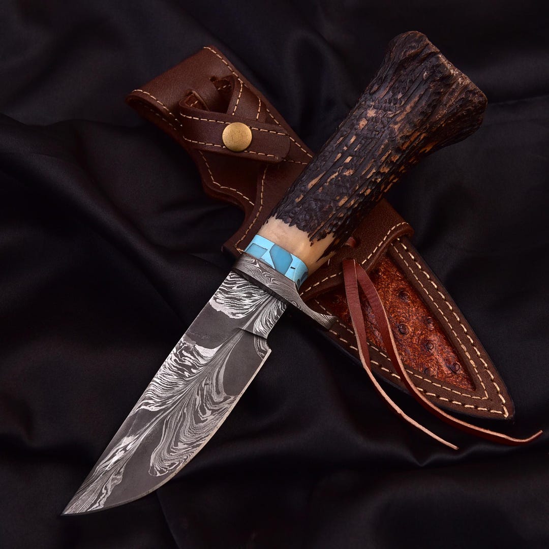 Feather Pattern Damascus Steel Hunting Knife With Stag Handle, 10inch ...