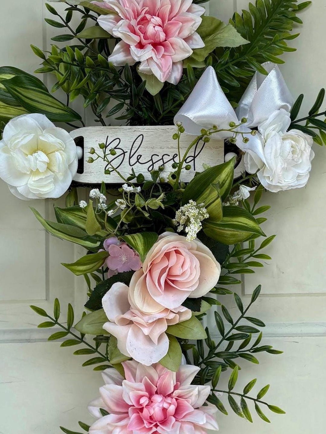 Doorhanger Floral Swag Cross Wreath Vertical Wreath Blessed Sign ...