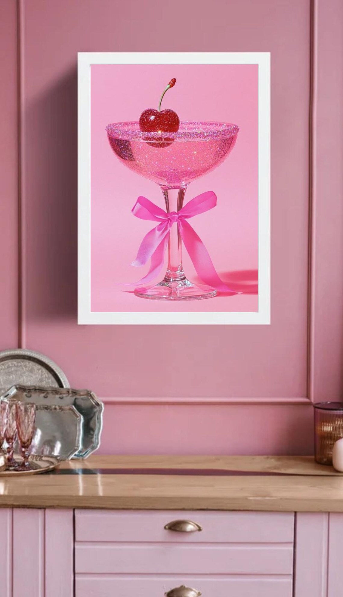 Cute Pink Glitter Martini With Bow Pink Martini Art Print | Bar Cart ...