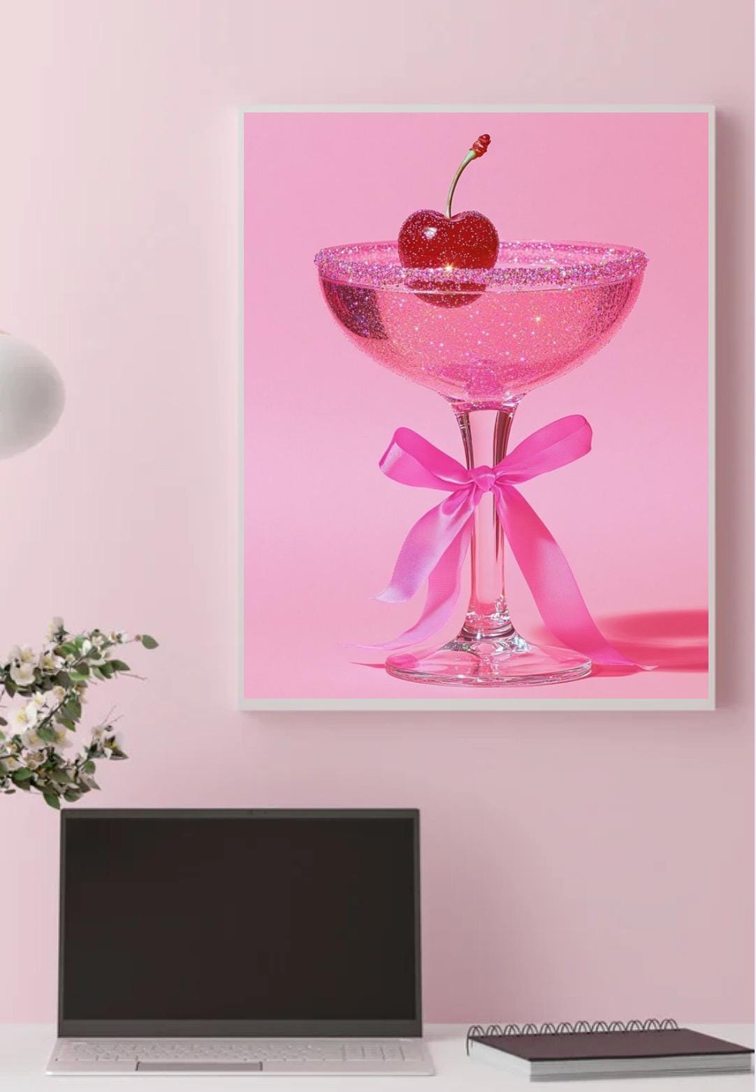 Cute Pink Glitter Martini With Bow Pink Martini Art Print | Bar Cart ...