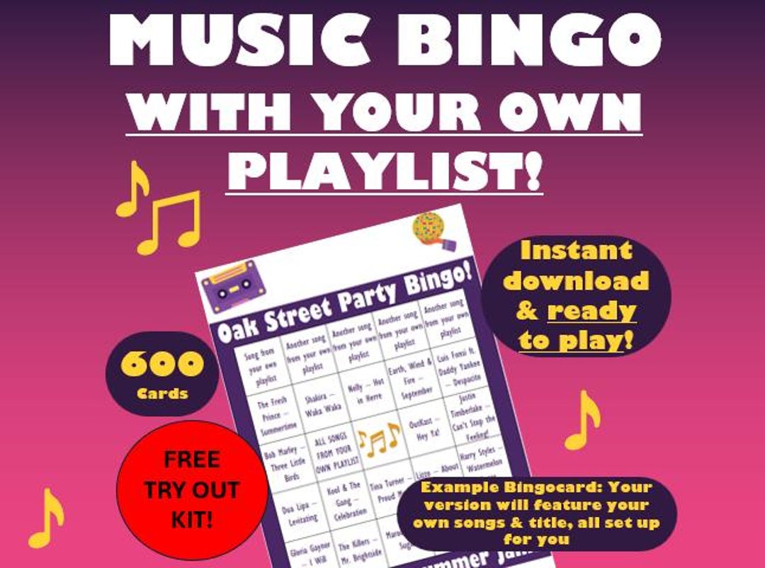 Personalized Music Bingo - 600 Cards, Custom Playlist (instant Download ...