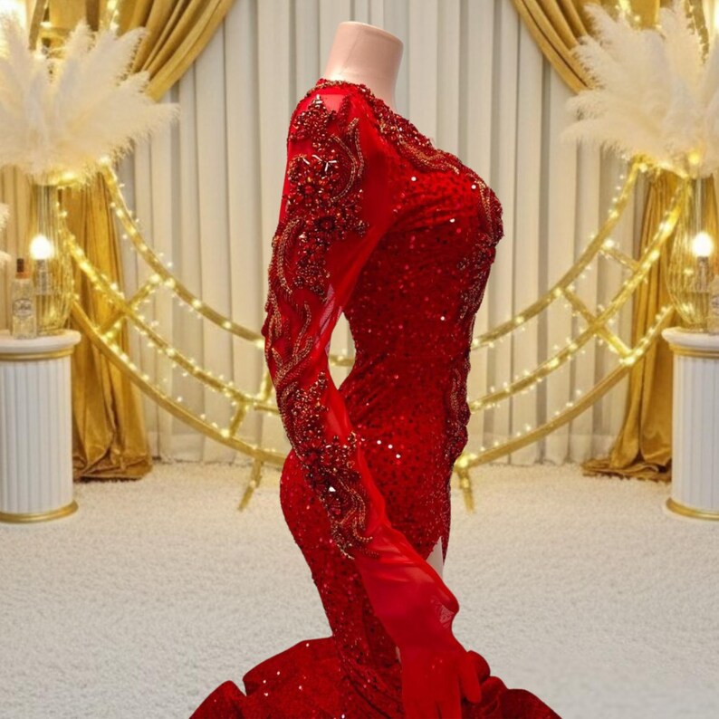 Long Sleeve High Slit Red Ball Gown Sparkling Rhinestone Mermaid Prom ...