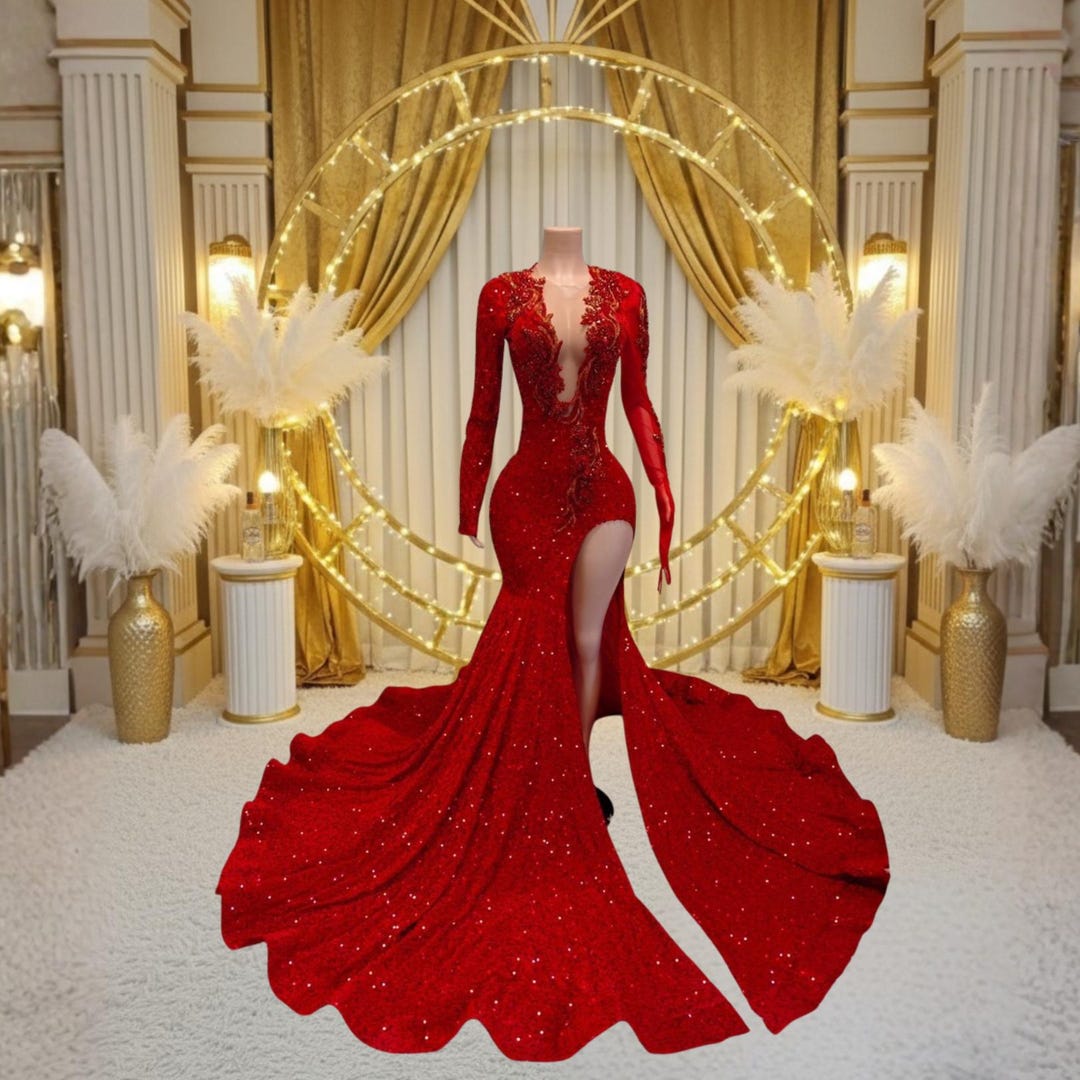 Long Sleeve High Slit Red Ball Gown Sparkling Rhinestone Mermaid Prom ...