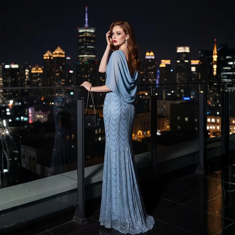 Elegant High-back Fish Tail Dress, Square Neck, Contrast Sequin Details ...