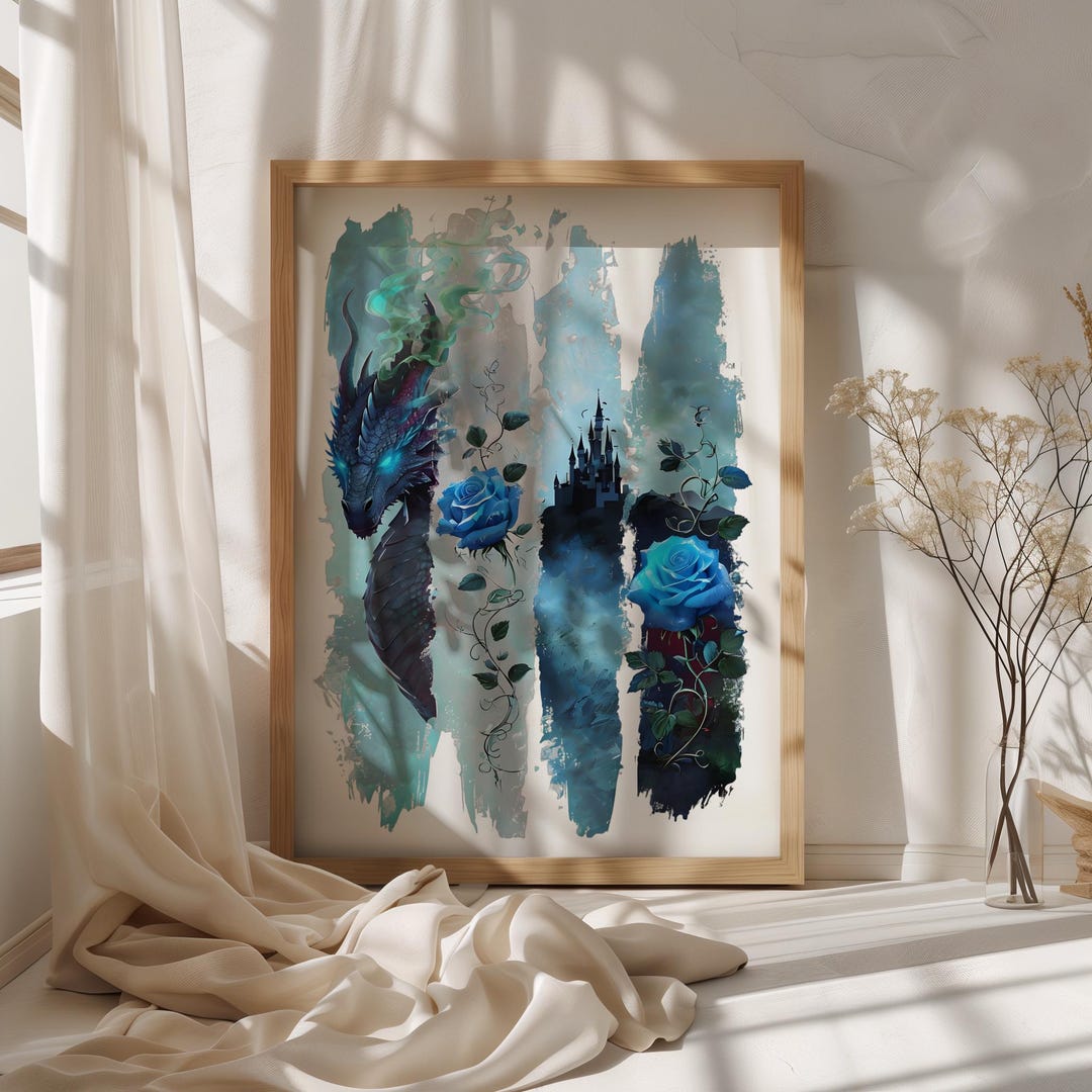 Dark Fantasy Blue Dragon Wall Art - Gothic Castle, Red Roses Digital ...