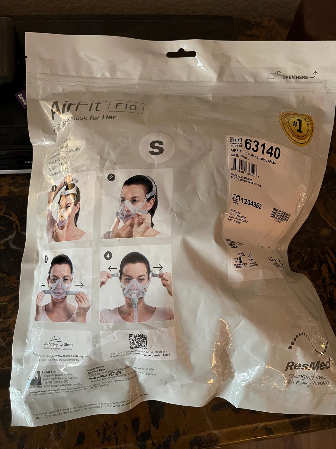 Resmed Airfit F10 Small Size Full Face Mask Frame System - 63140. Includes 63187 Headgear 63161 ...