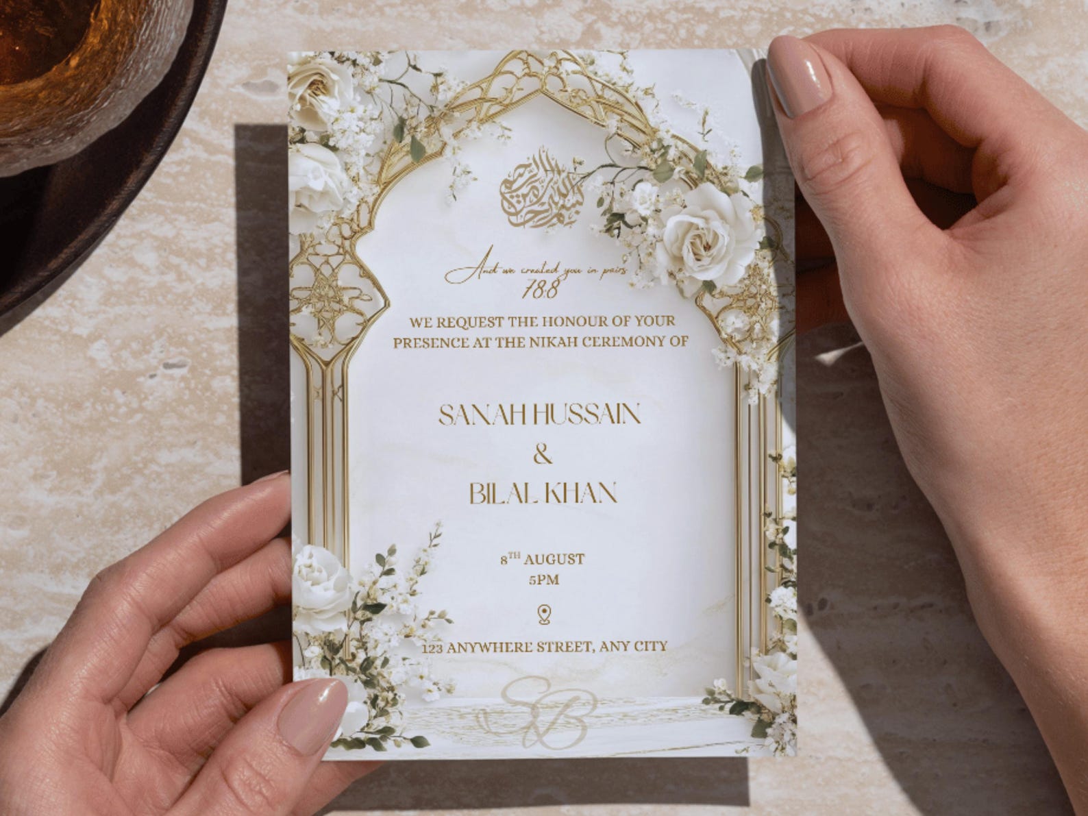 Arabesque Gold Arch Islamic Digital White Roses Wedding Invite Beige ...