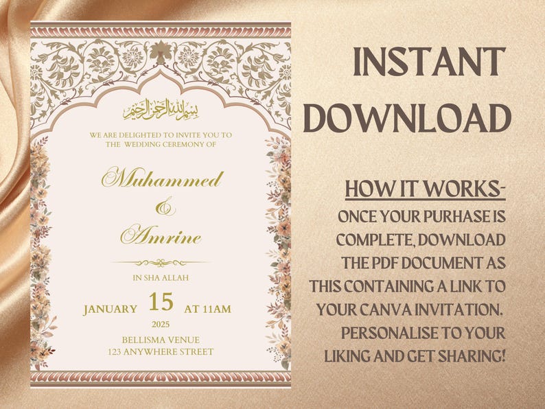 Beige Flowers Muslim Wedding Islamic Event Invite Digital Download ...