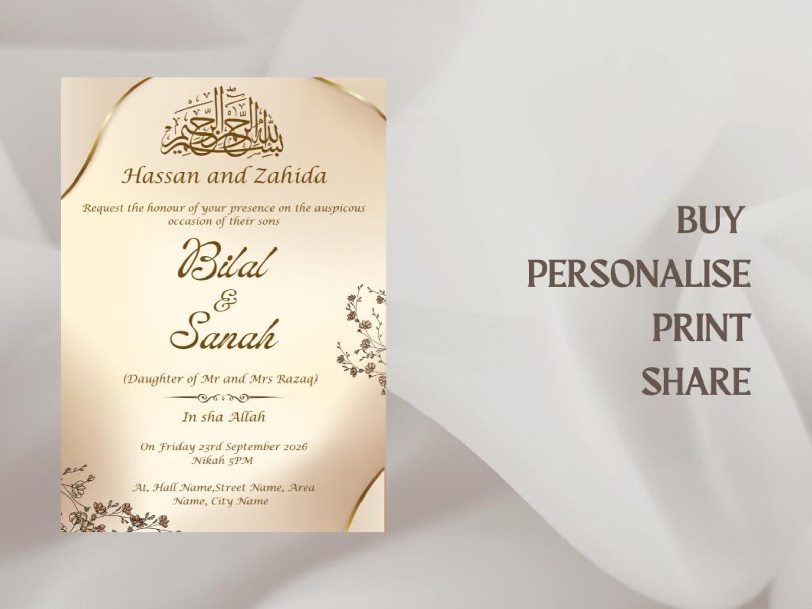 Beige Design Nikah Invitation Digital Gold Theme Islamic Nikah Invite ...