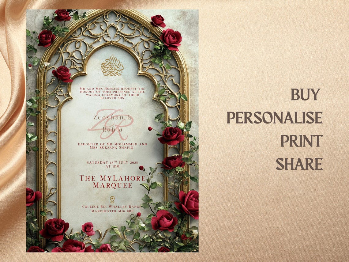 Luxury Arabesque Red Roses Islamic Digital Wedding Invitation Gold ...