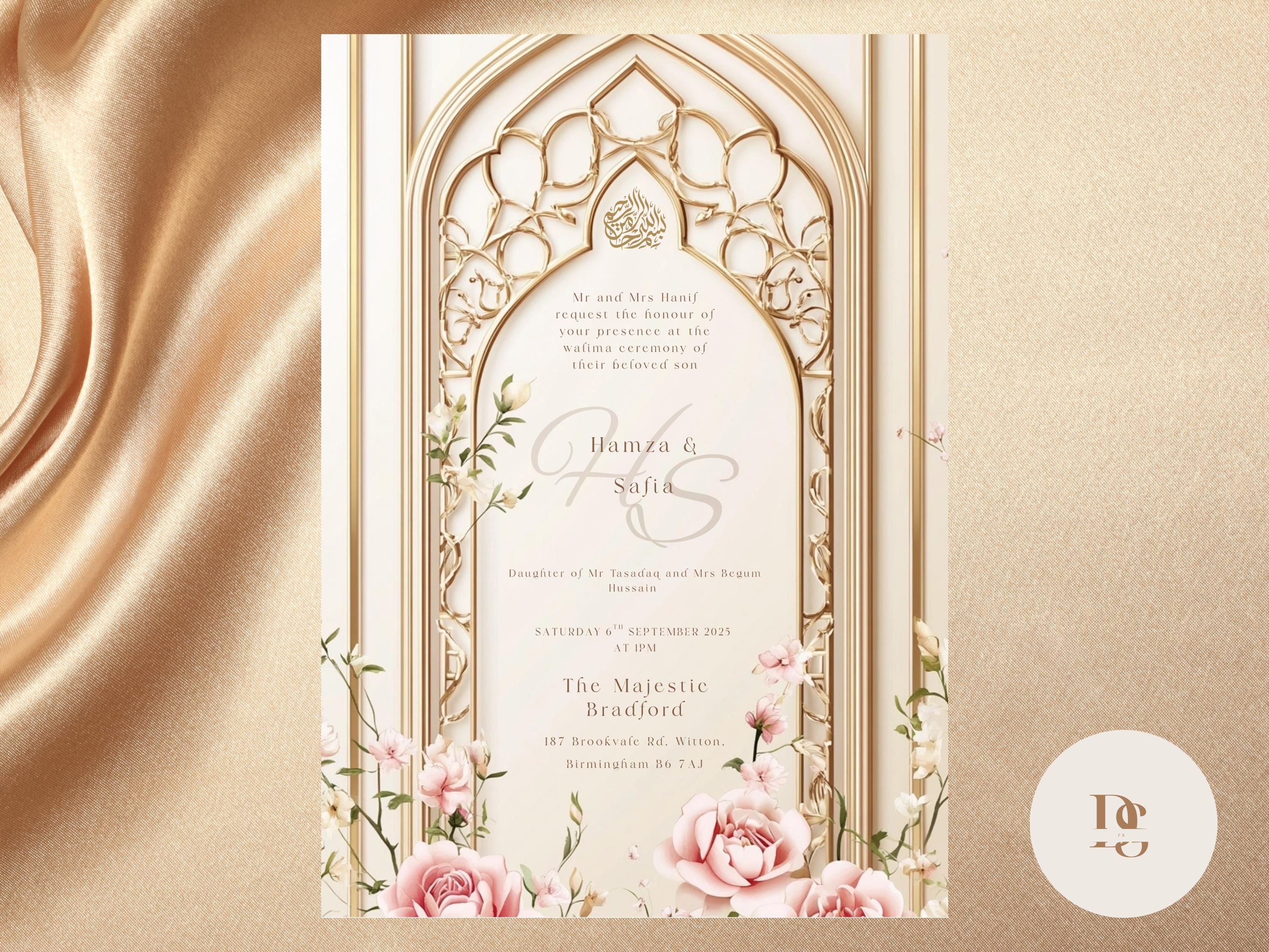 Arabesque Light Pink Roses Islamic Digital Floral Wedding Invite Cream ...