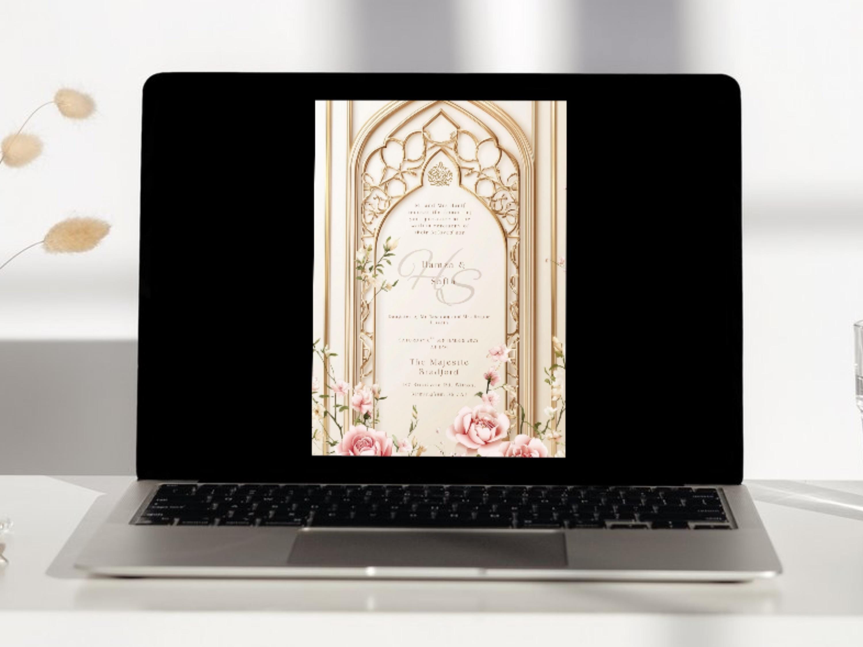 Arabesque Light Pink Roses Islamic Digital Floral Wedding Invite Cream ...