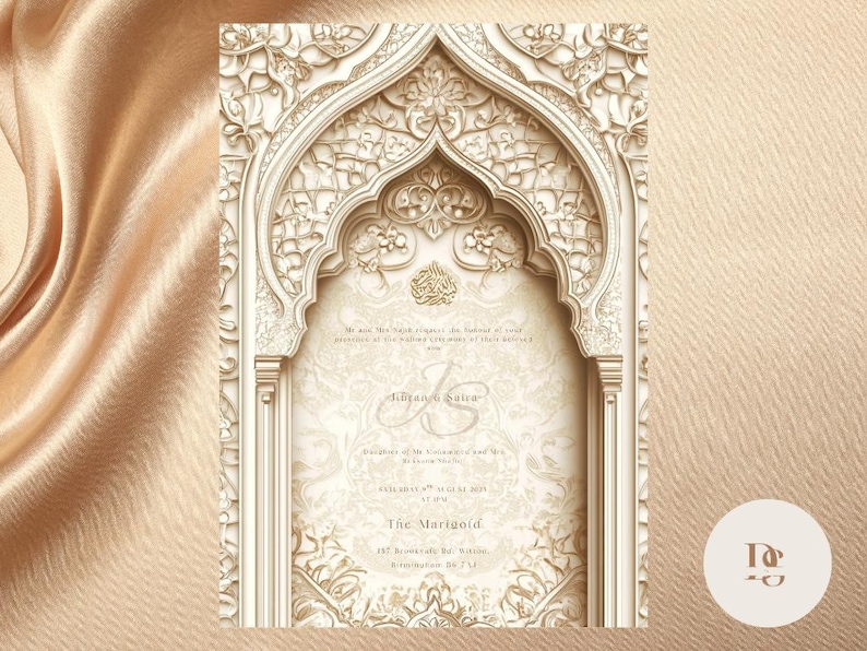 Arabesque Yellow Gold Frame Islamic Digital Floral Wedding Invite Cream ...