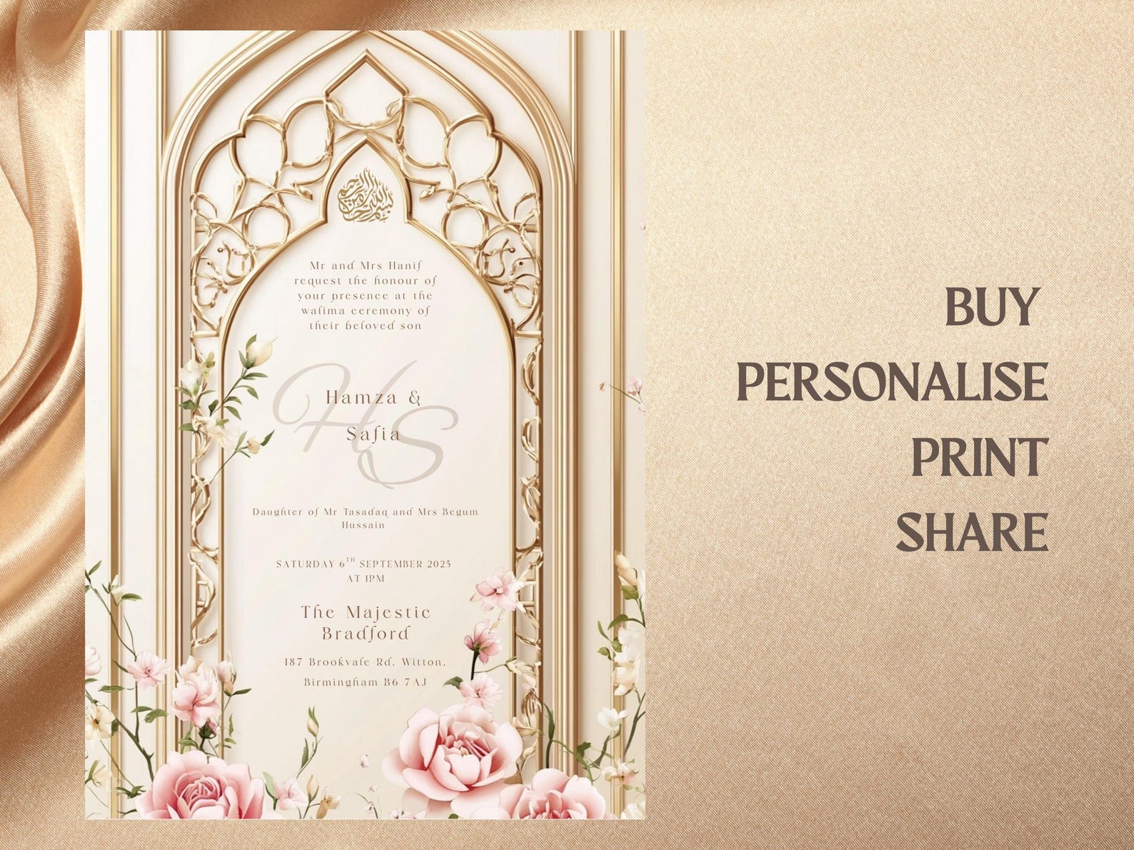 Arabesque Light Pink Roses Islamic Digital Floral Wedding Invite Cream ...