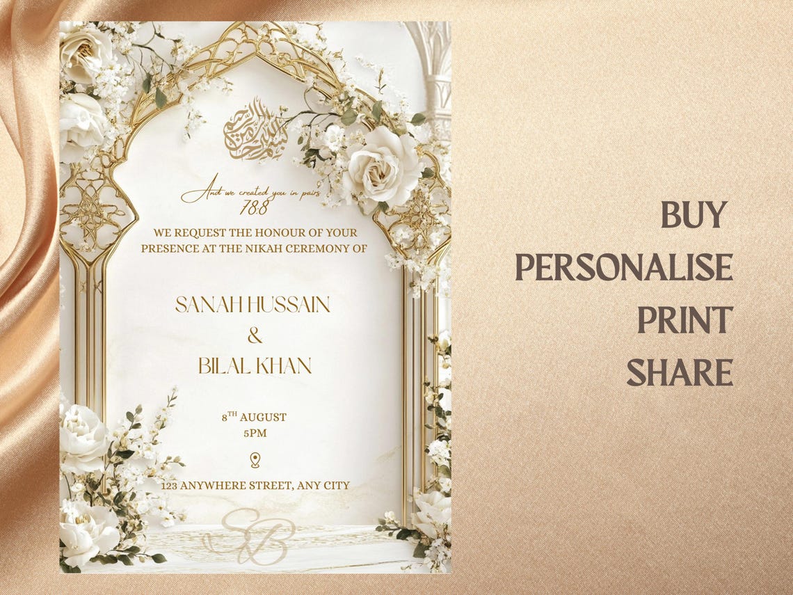 Arabesque Gold Arch Islamic Digital White Roses Wedding Invite Beige ...