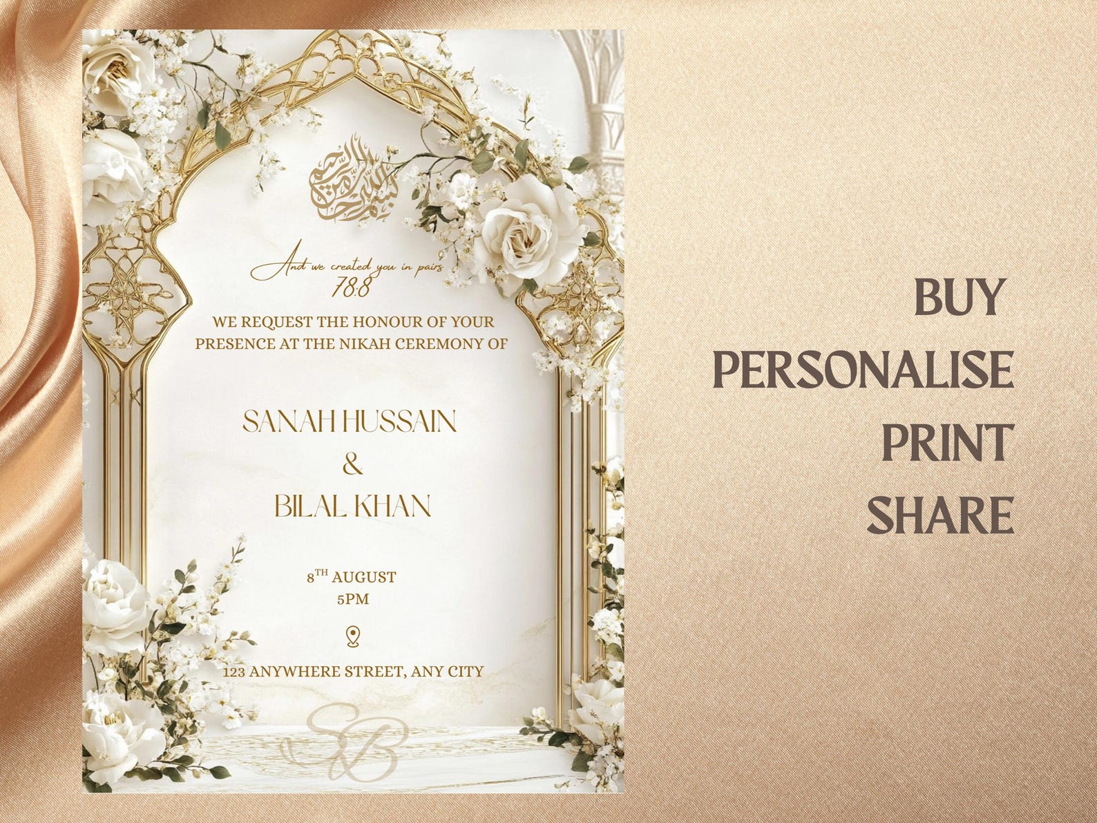 Arabesque Gold Arch Islamic Digital White Roses Wedding Invite Beige ...