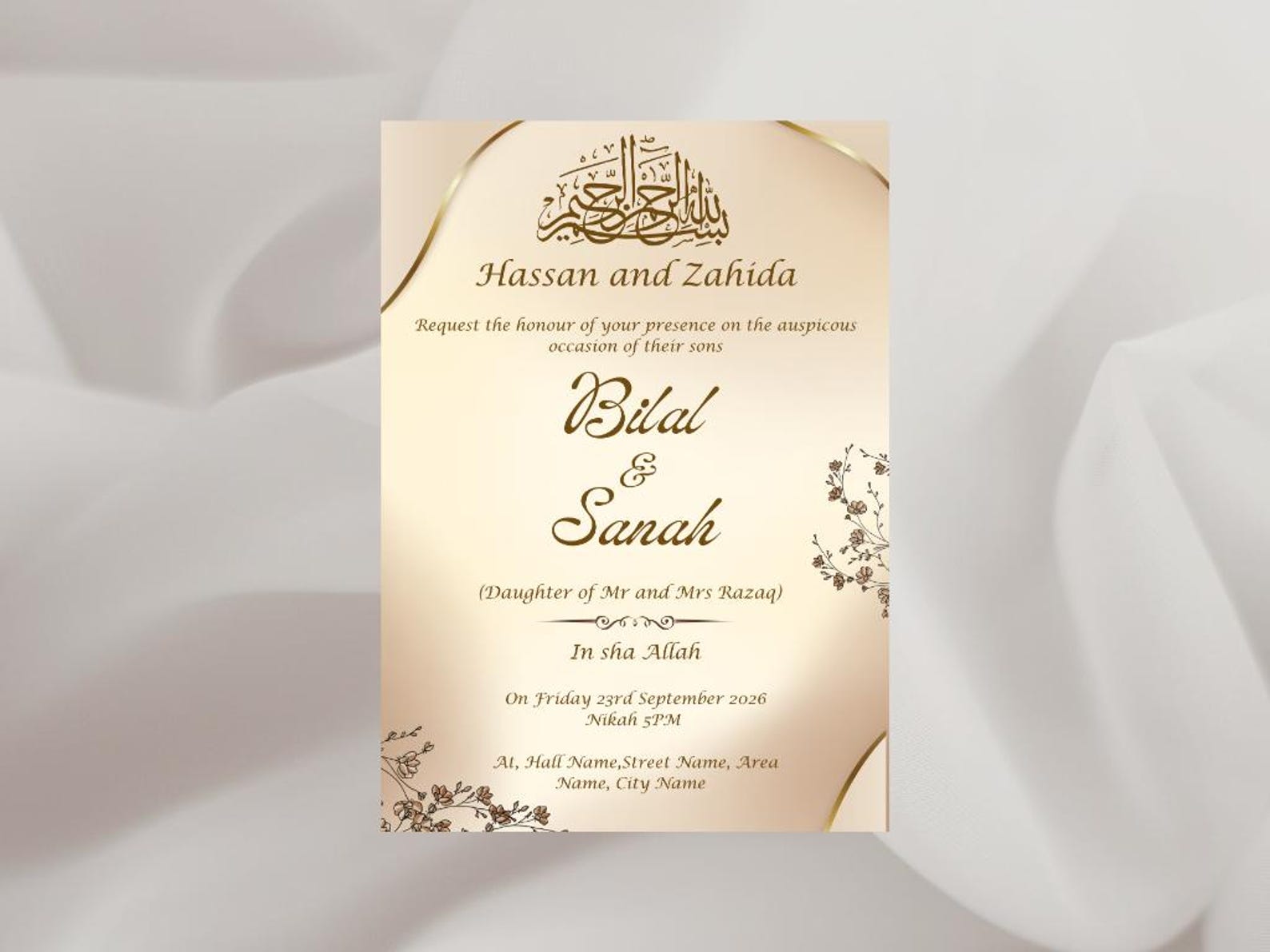 Beige Design Nikah Invitation Digital Gold Theme Islamic Nikah Invite ...