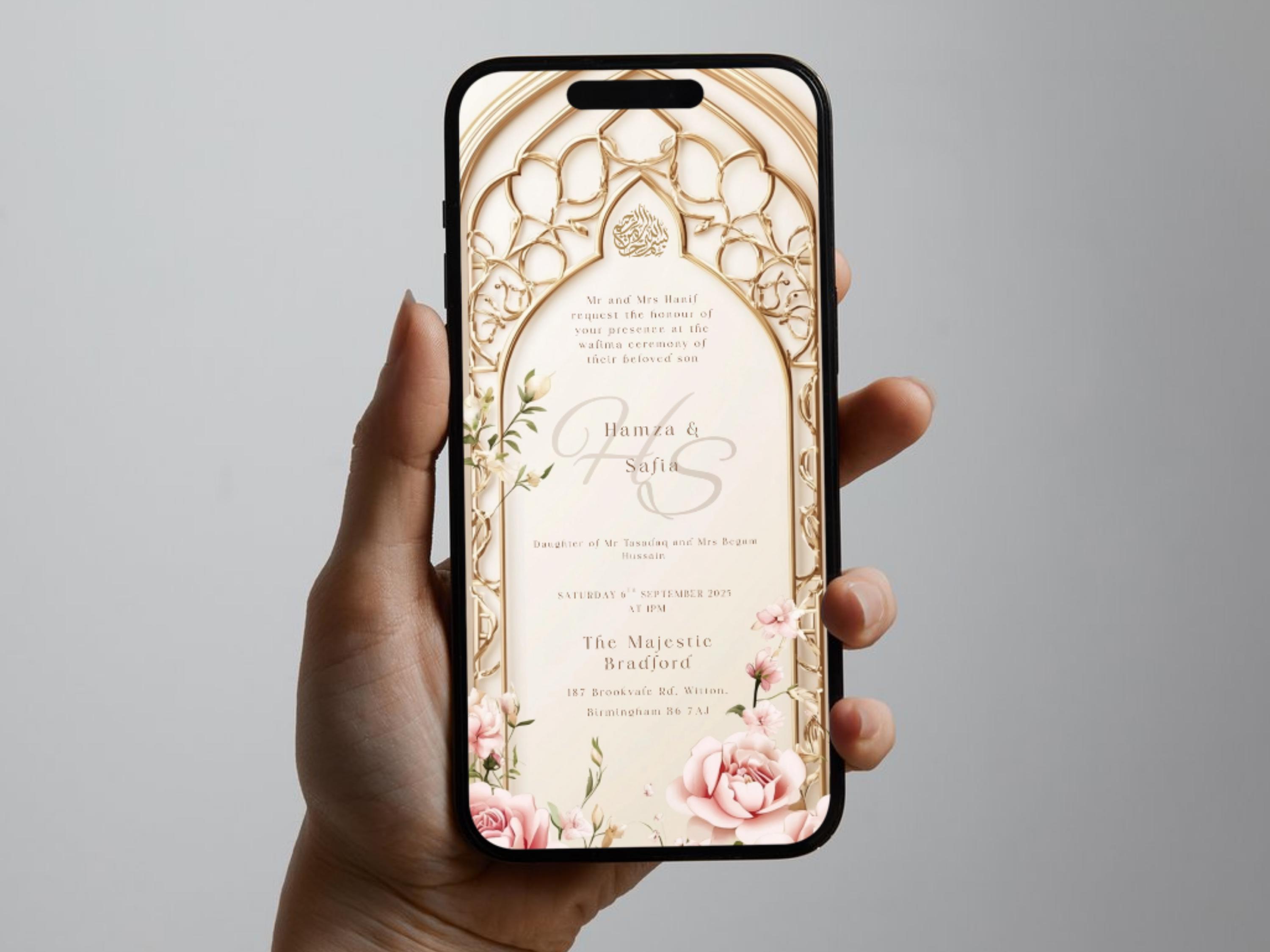 Arabesque Light Pink Roses Islamic Digital Floral Wedding Invite Cream ...