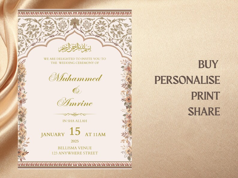 Beige Flowers Muslim Wedding Islamic Event Invite Digital Download ...