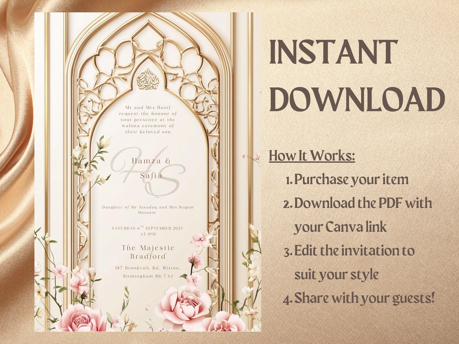Arabesque Light Pink Roses Islamic Digital Floral Wedding Invite Cream ...
