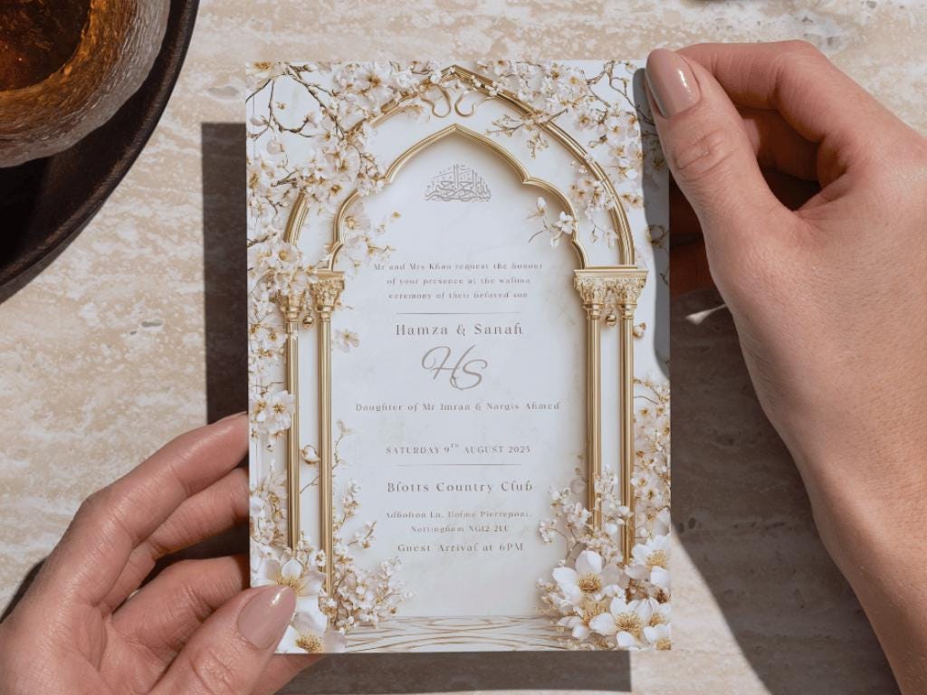Arabesque Beige/gold Arch Islamic Digital Floral Wedding Invite Beige ...