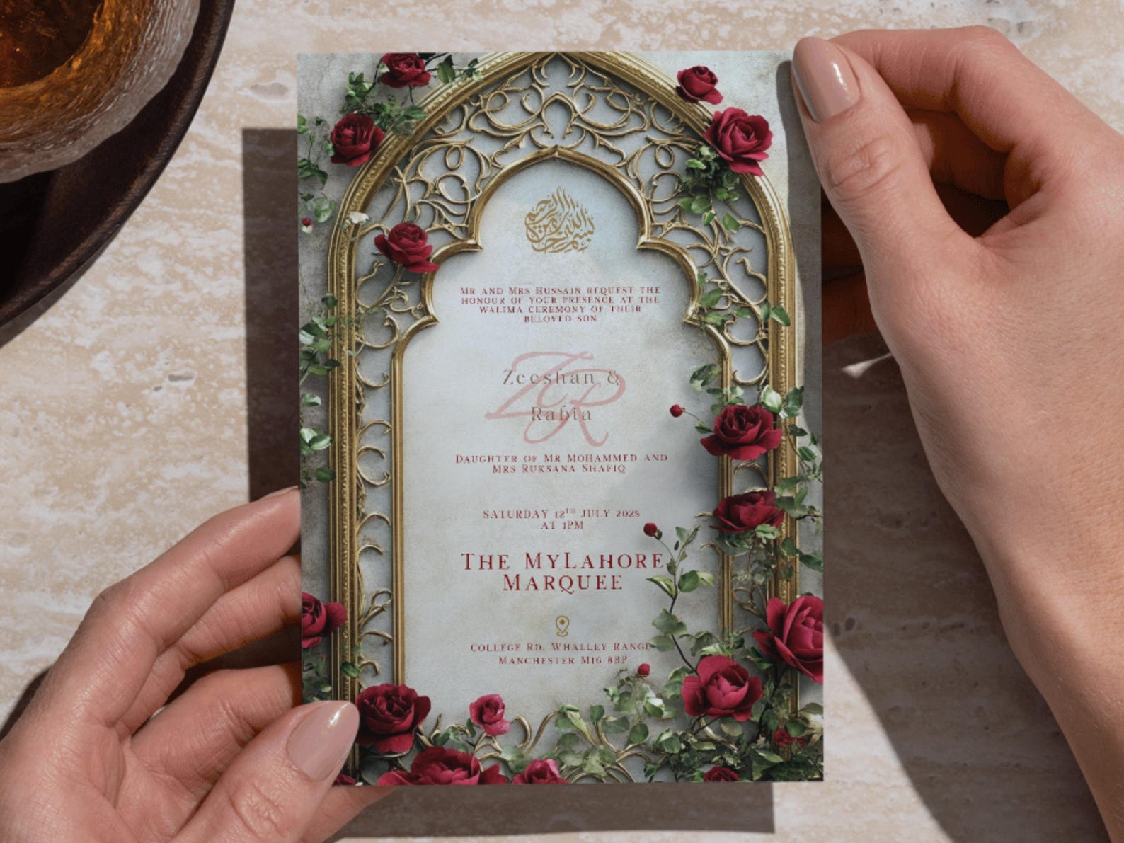 Luxury Arabesque Red Roses Islamic Digital Wedding Invitation Gold ...