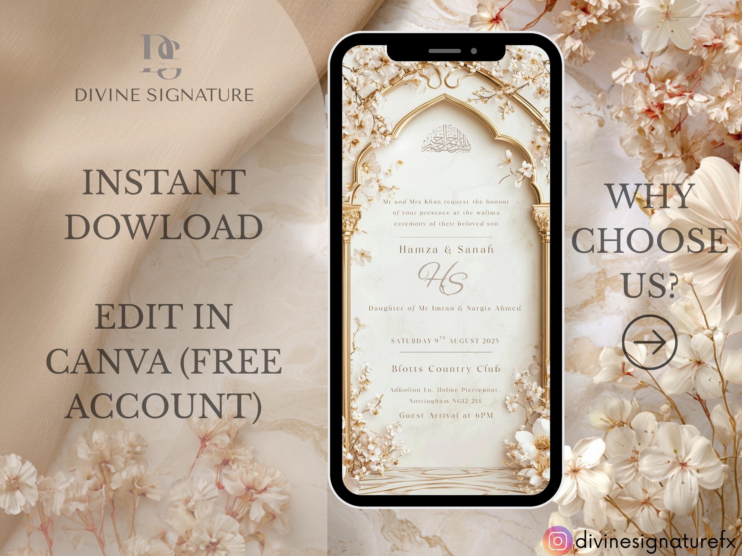 Arabesque Beige/gold Arch Islamic Digital Floral Wedding Invite Beige ...