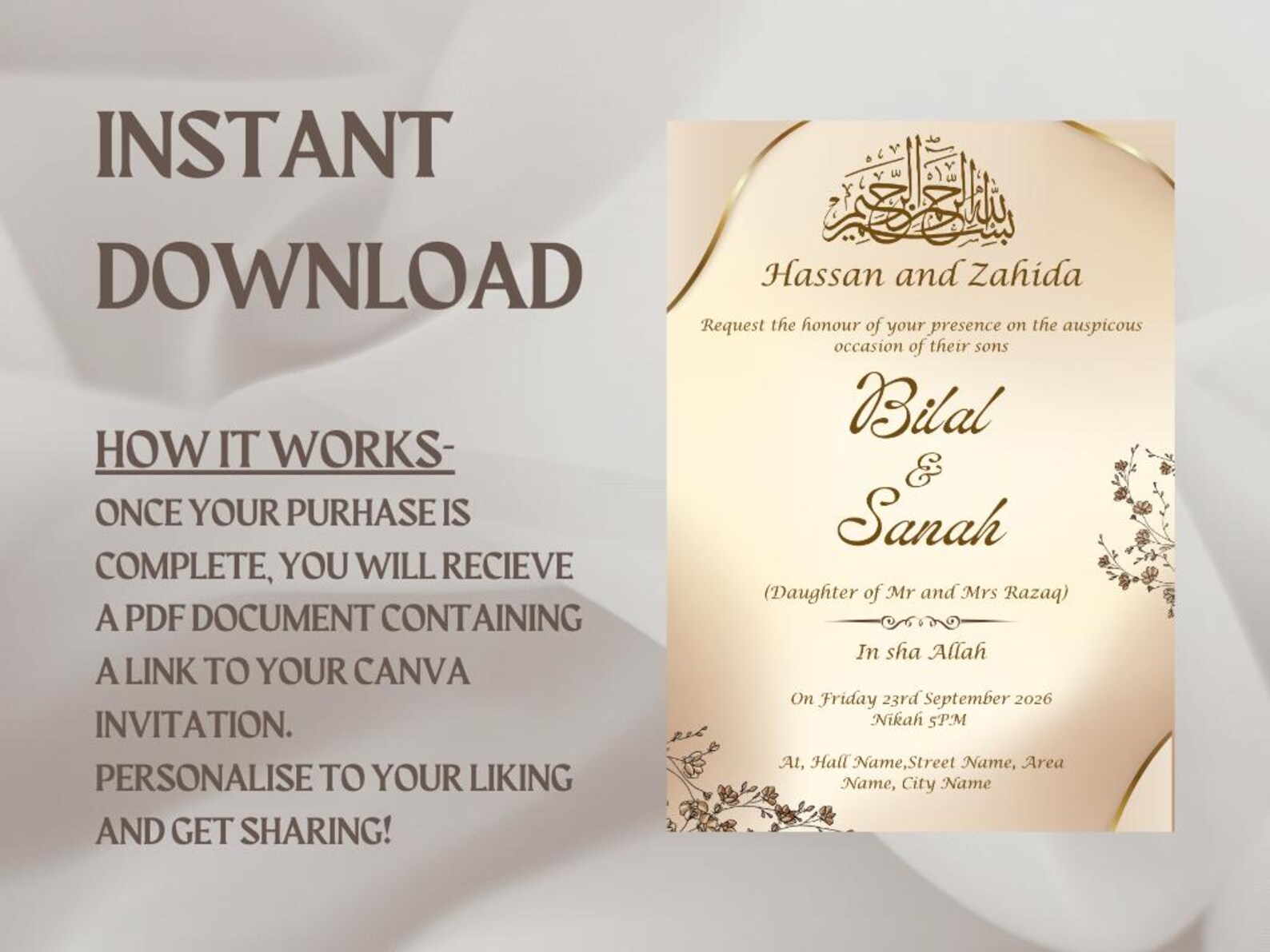 Beige Design Nikah Invitation Digital Gold Theme Islamic Nikah Invite ...