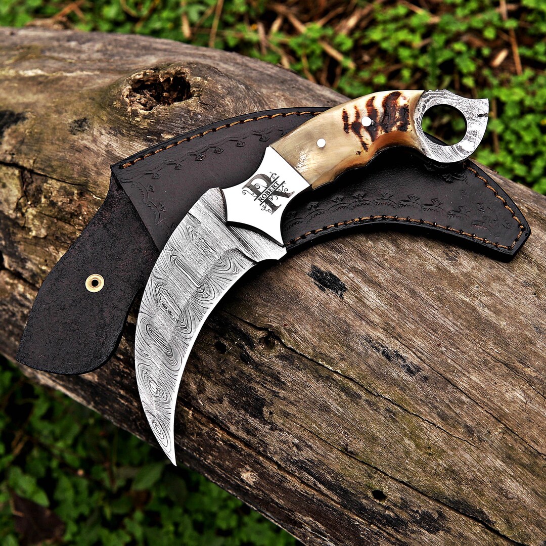 Custom Hand Forged Damascus Hunting Karambit Knife Rose Wood & Horn ...