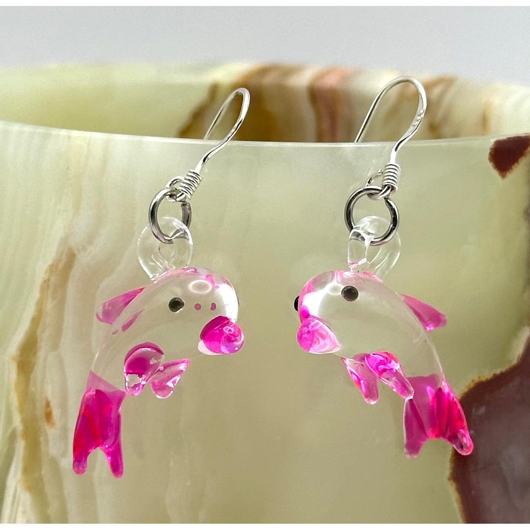 Glass Pink Dolphin Sterling Silver Dangle Earrings - Etsy