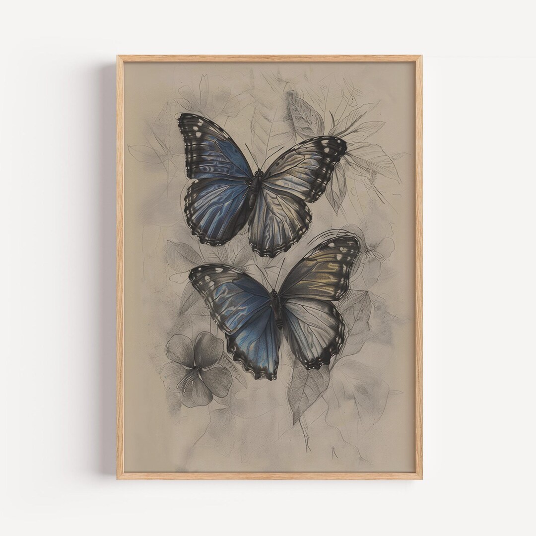 Blue Butterfly Botanical Art, Pencil PRINTABLE Sketch Wall Art, Vintage ...