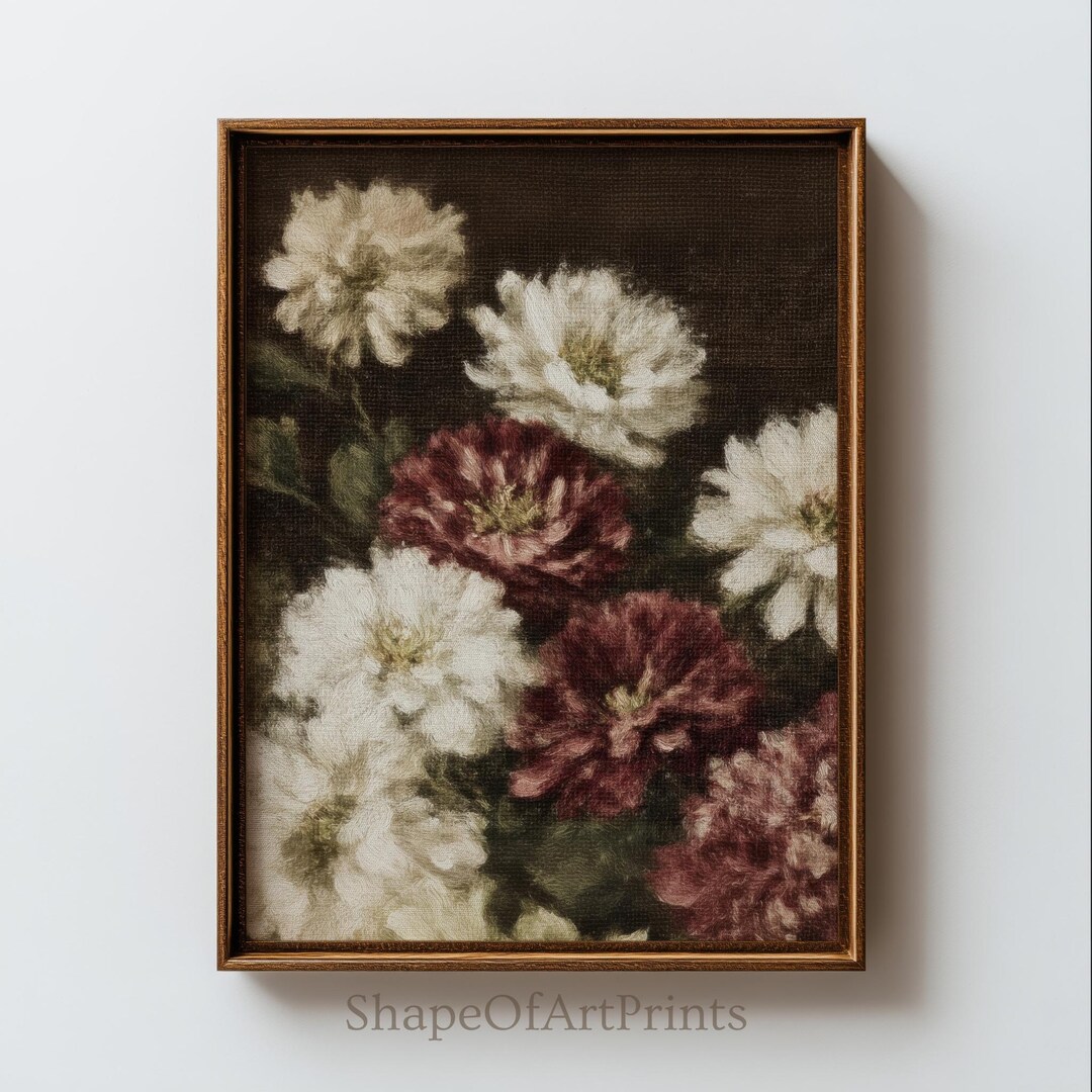 Vintage Zinnia Flower Printable Art, Burgundy and Cream Botanical Wall ...