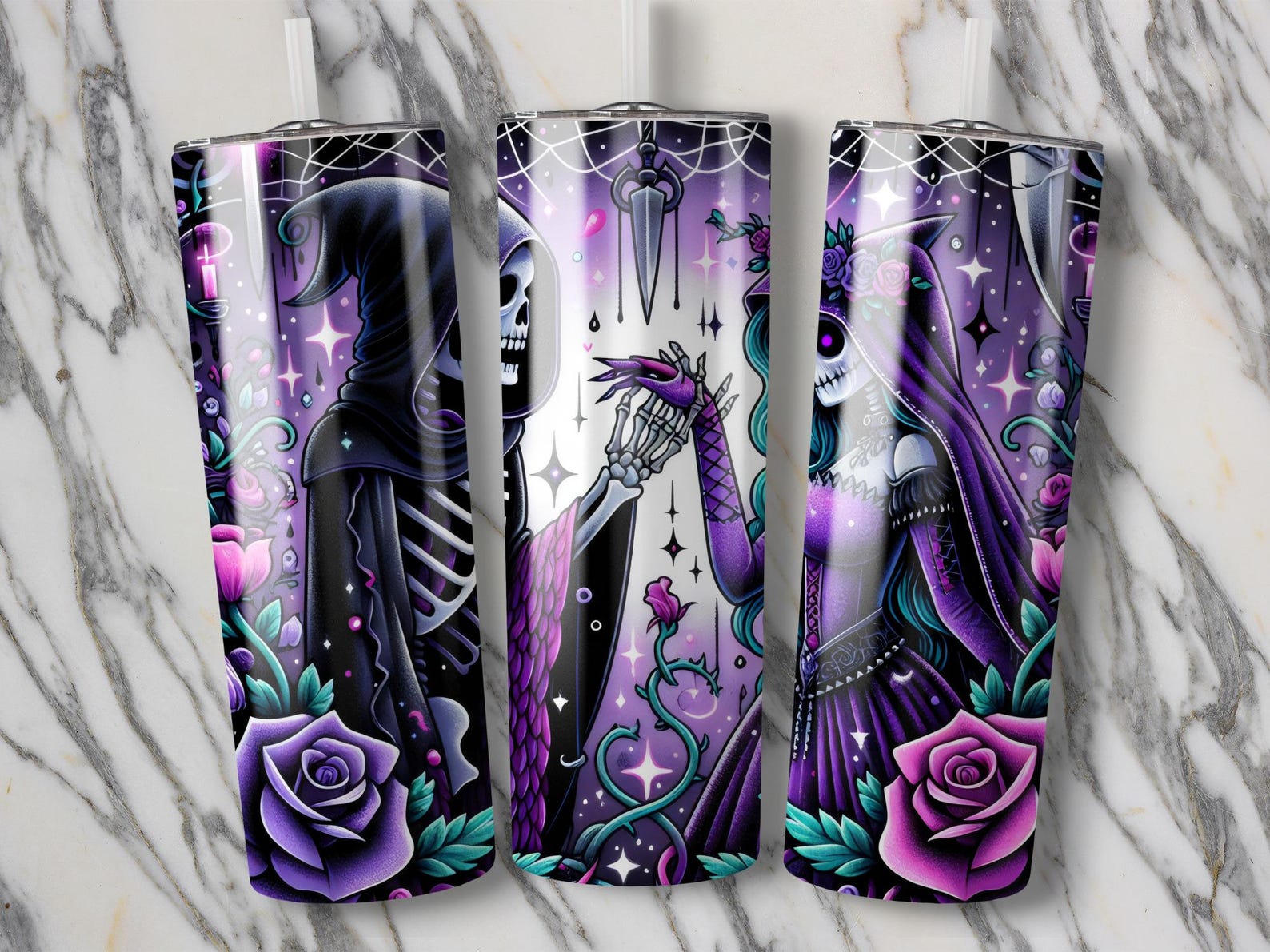 Gothic Grim Reaper Couple Tumbler Wrap: Floral Skeleton Design (digital ...