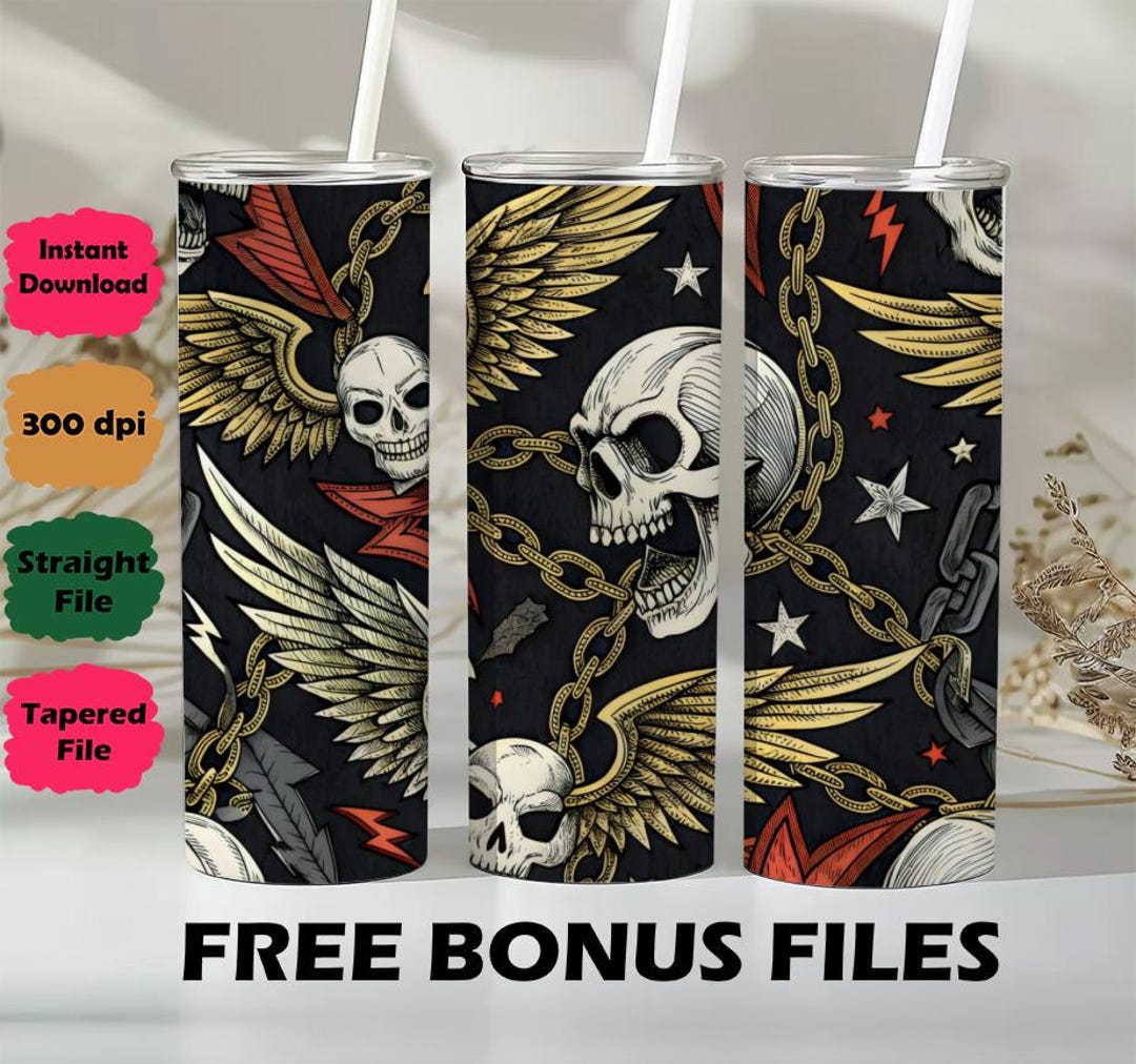 Skull Wings Tumbler Wrap, Chains Stars Sublimation, 20oz Skinny Tumbler ...