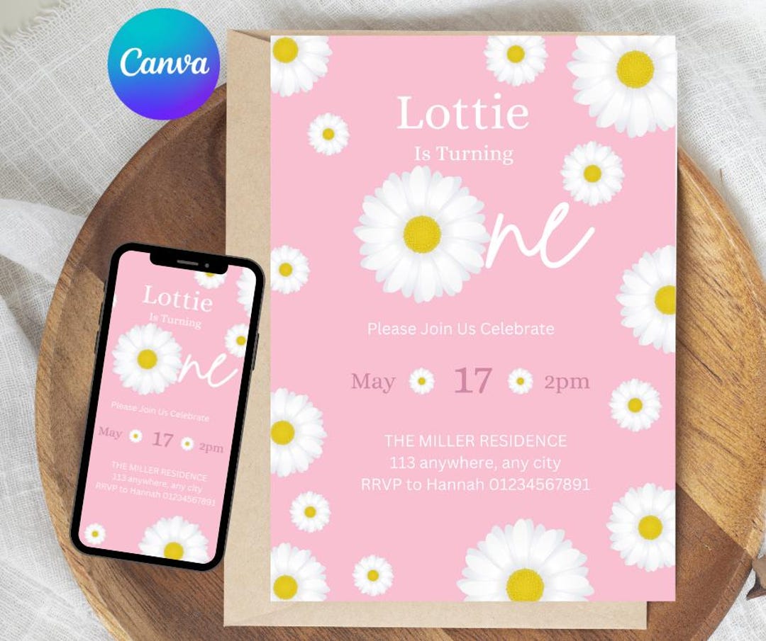 Daisy First Birthday Invitation - Editable Canva Template (digital ...