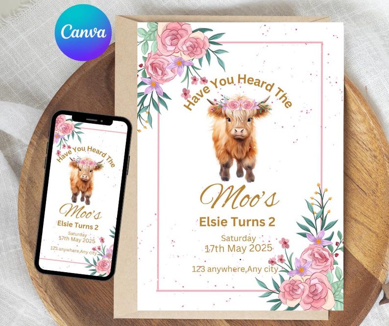 Pink Highland Cow Birthday Invitation – Editable Canva Template ...