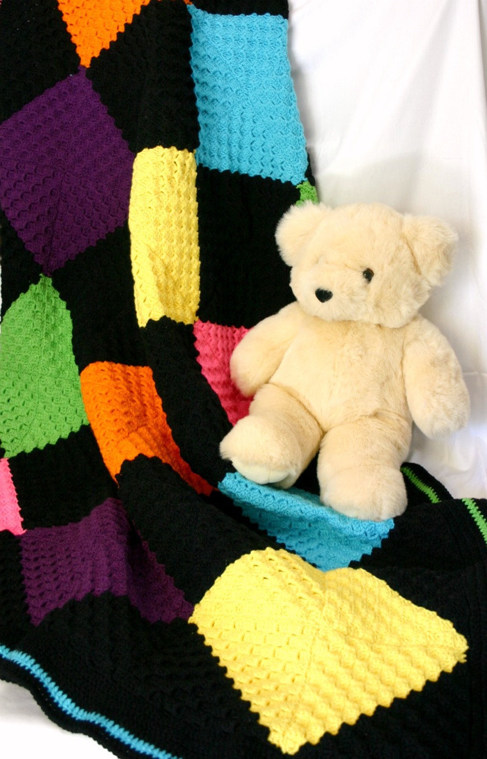Diamonds Throw Afghan Black Yellow Orange Blue Pink Green Purple Bright ...