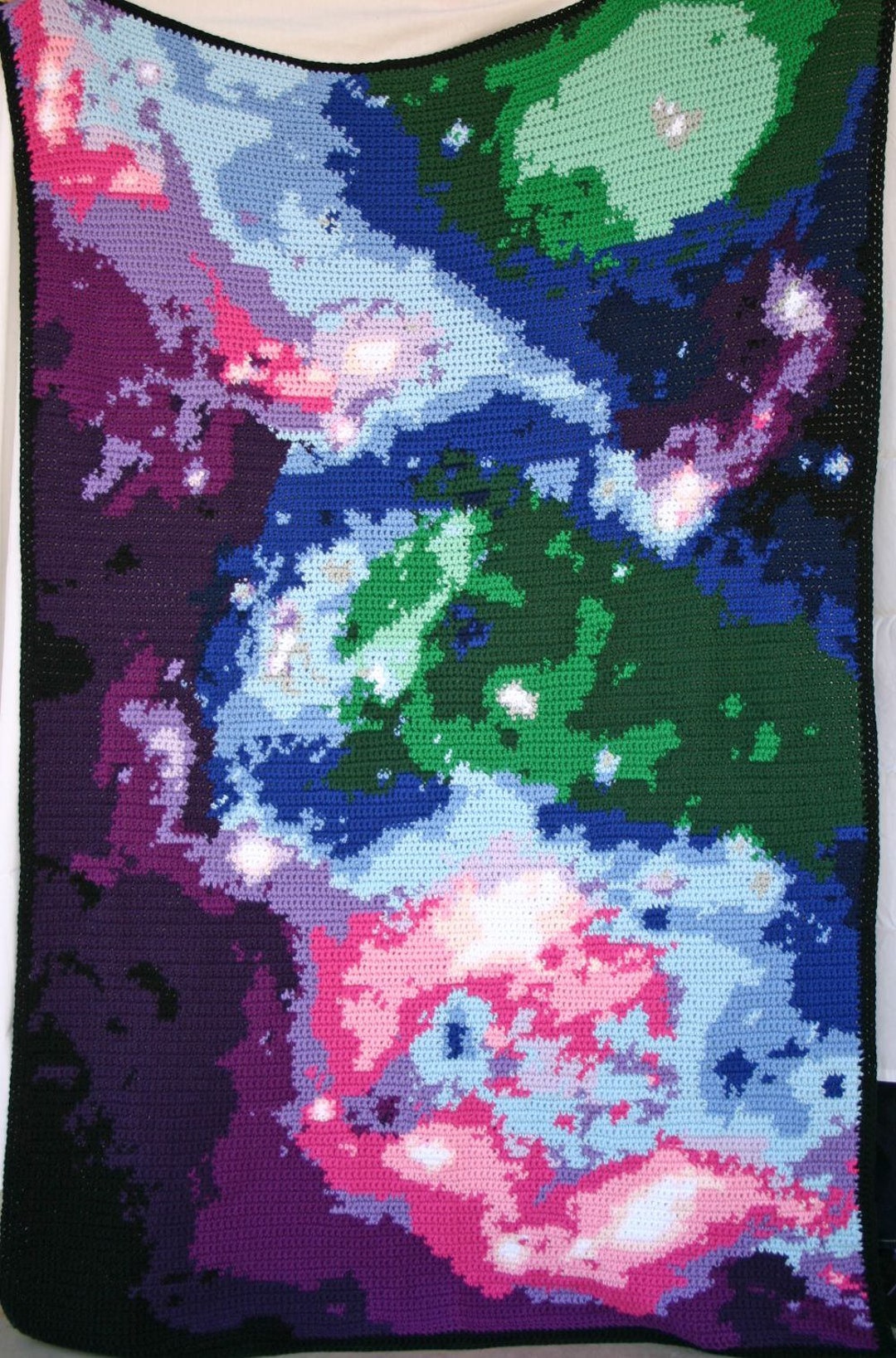 Crochet Afghan Nebula Throw Green Blue Pink Purple Black White Couch ...