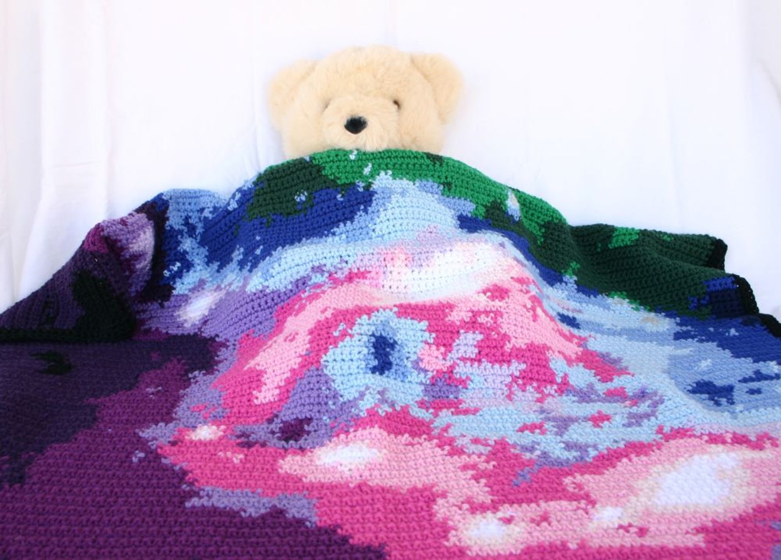 Crochet Afghan Nebula Throw Green Blue Pink Purple Black White Couch ...