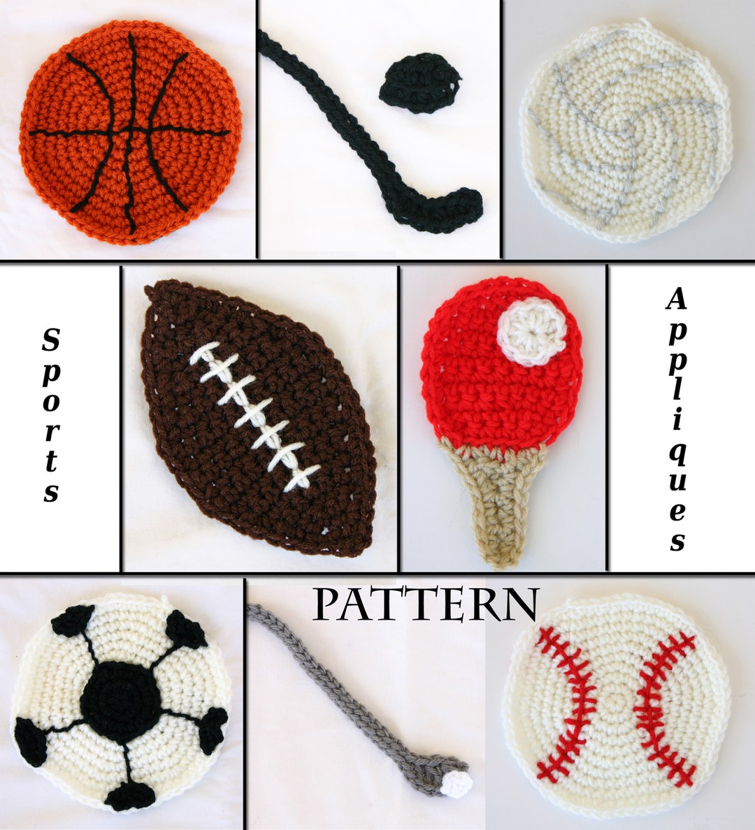 Sports Appliques PDF Crochet PATTERN Set of 8 Digital Download Baseball ...