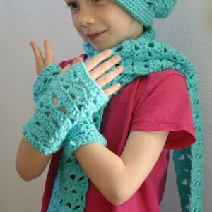 Hat Scarf and Fingerless Gloves PDF Crochet PATTERN Adult Women Set ...